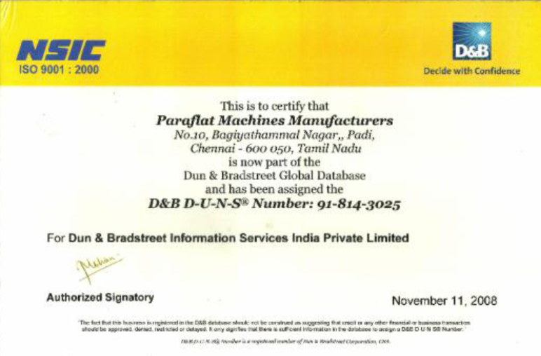 Paraflat Machines Manufacturers | Certificates & Registrations
