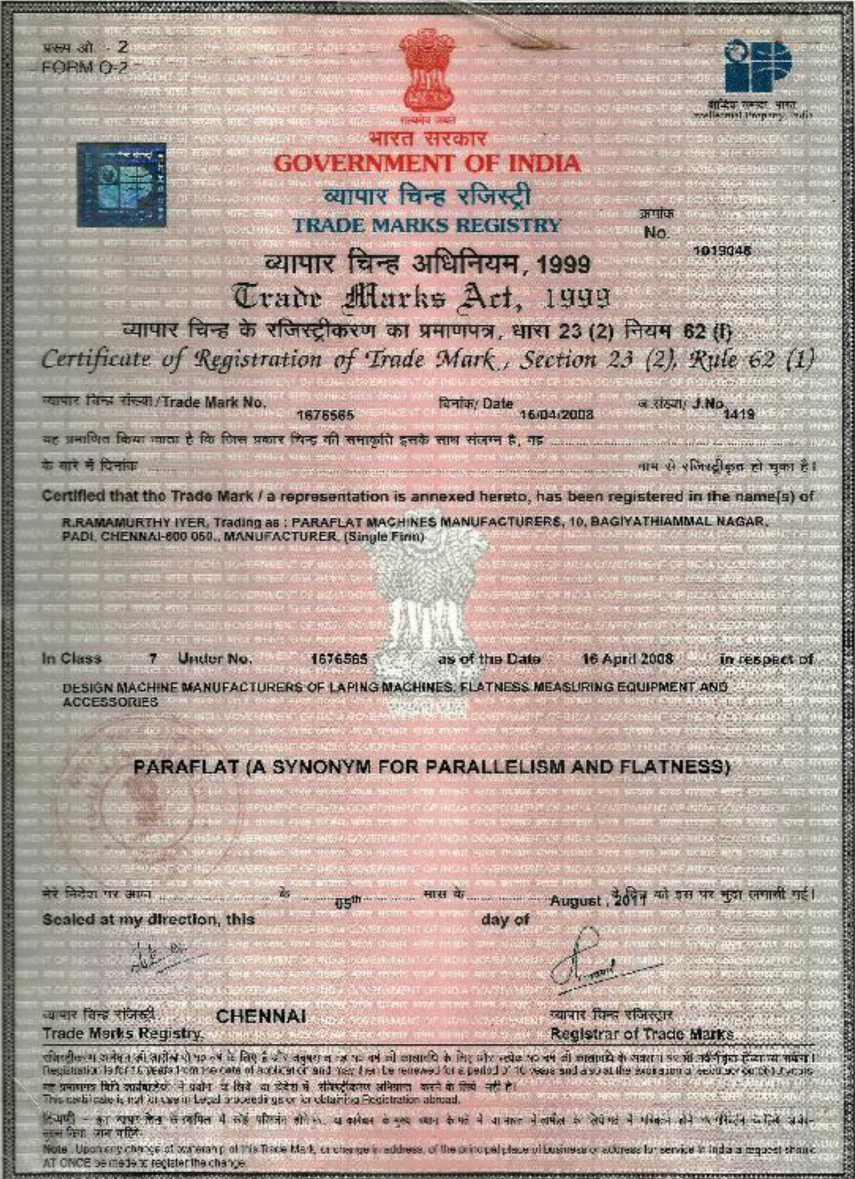 Paraflat Machines Manufacturers | Certificates & Registrations